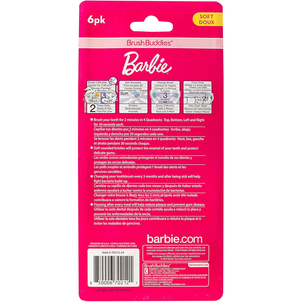 Brush Buddies 6 Pack Barbie Toothbrushes for Kids, Children's Toothbru ...
